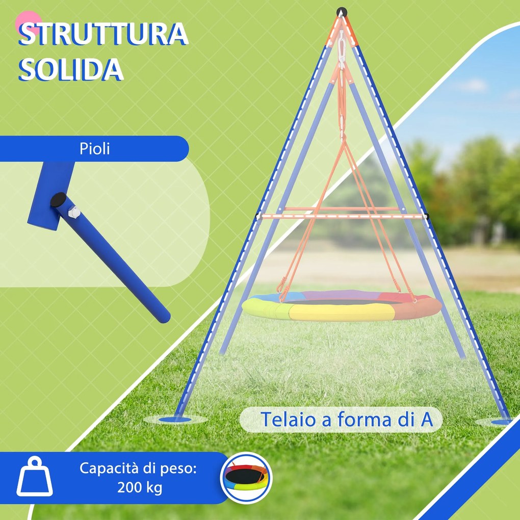 Zahradní houpačka Outsunny pro děti, hnízdová houpačka pro 1-2 děti s vyztuženým kovovým rámem ve tvaru A, 196x172x180cm, vícebarevná