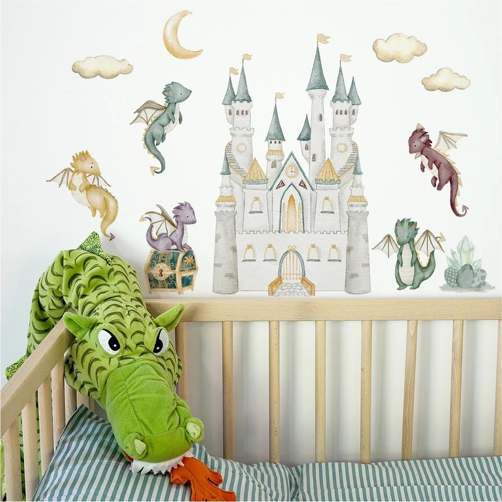 Gario Dětská nálepka na zeď The world of dragons - draci, vajíčka, poklad, diamanty a zámek