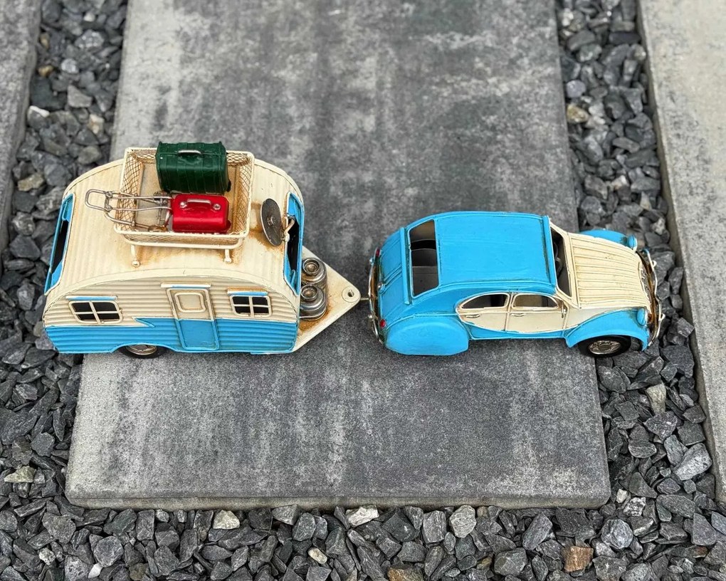 Kovový model - Retro auto 2CV s karavanem