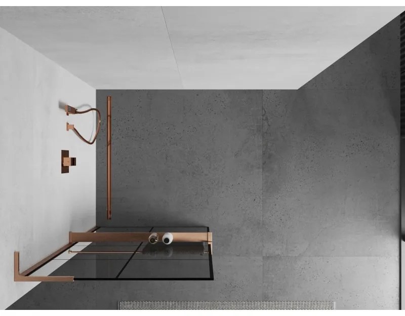 Mexen Kioto+ L, sprchová zástěna Walk-In s poličkou a věšákem 70 x 200 cm, 8mm čiré sklo černý vzor, měděný matný profil, 800-070-123-65-77