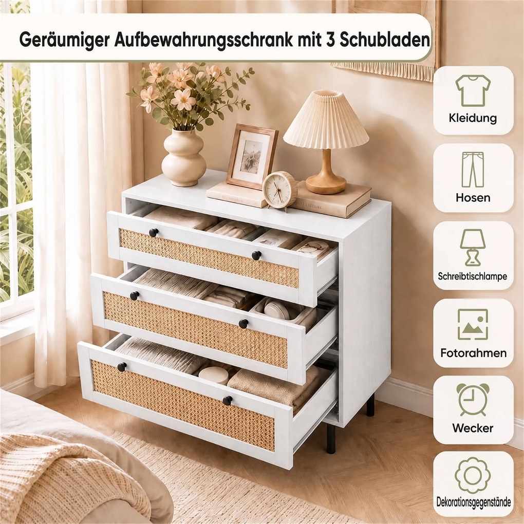 Costway Komoda s 3 zásuvkami z ratanu – 75 × 35 × 77,5 cm