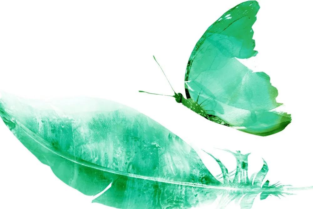 Obraz pírko s motýlem v zeleném provedení Varianta: 60x40