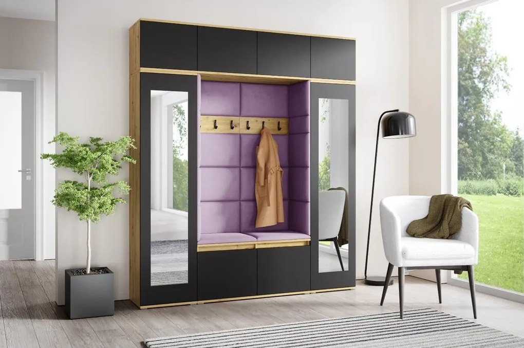 Eka Předsíňová stěna s čalouněnými panely Trinity 32 - Dub Artisan s černou / Fialová 2311