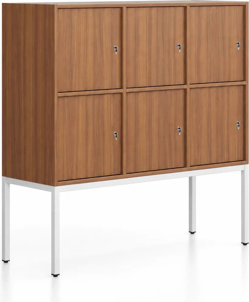 Kancelářská skříň FRAME, nízká, bílá podnož, 6x dveře, 1299 x 450 x 1331 mm, cylindrický zámek, ořech