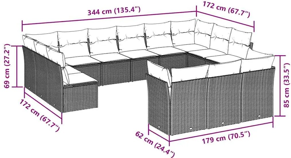13dílná zahradní sedací souprava s poduškami hnědá polyratan 3218453