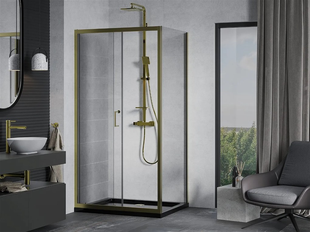 Mexen Apia sprchový kout s posuvnými dveřmi 130 (dveře) x 100 (stěna) cm, 5mm čiré sklo, zlatý profil + černá sprchová vanička SLIM, 840-130-100-50-00-4070G