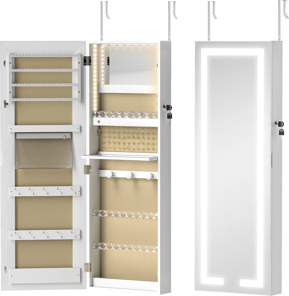 HOMCOM šperkovnice s LED, zamykatelný organizér na stěnu / dveře se zrcadlem, 37 x 10,5 x 108 cm, bílá