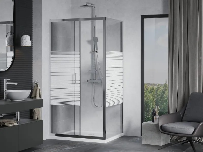 Mexen Apia sprchový kout s posuvnými dveřmi 110 x 80 cm, čiré sklo/pásy-chromový profil + sprchová vanička, 840-110-080-01-20-4010