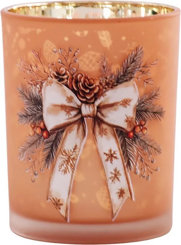 Elegantní vánoční skleněný svícen s mašlí S – Lososový - Ø 7*8 cm