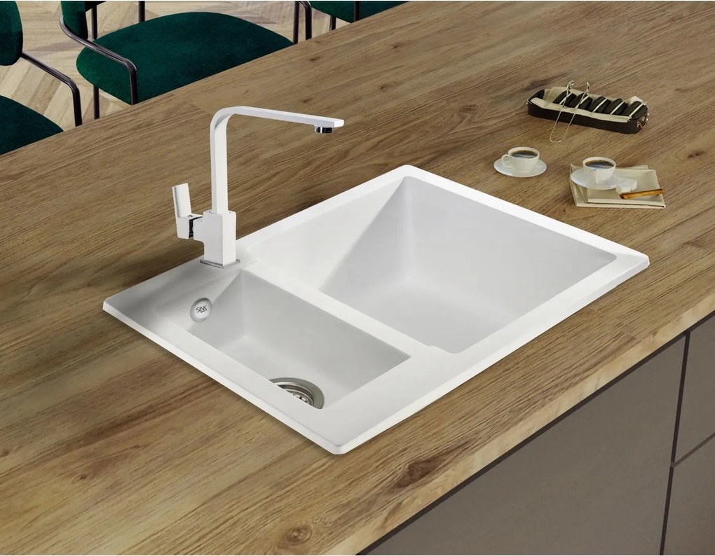 Sink Quality Ferrum, kuchyňský granitový dřez 605x495x210 mm + zlatý sifon, bílá, SKQ-FER.W.5KBO.XG