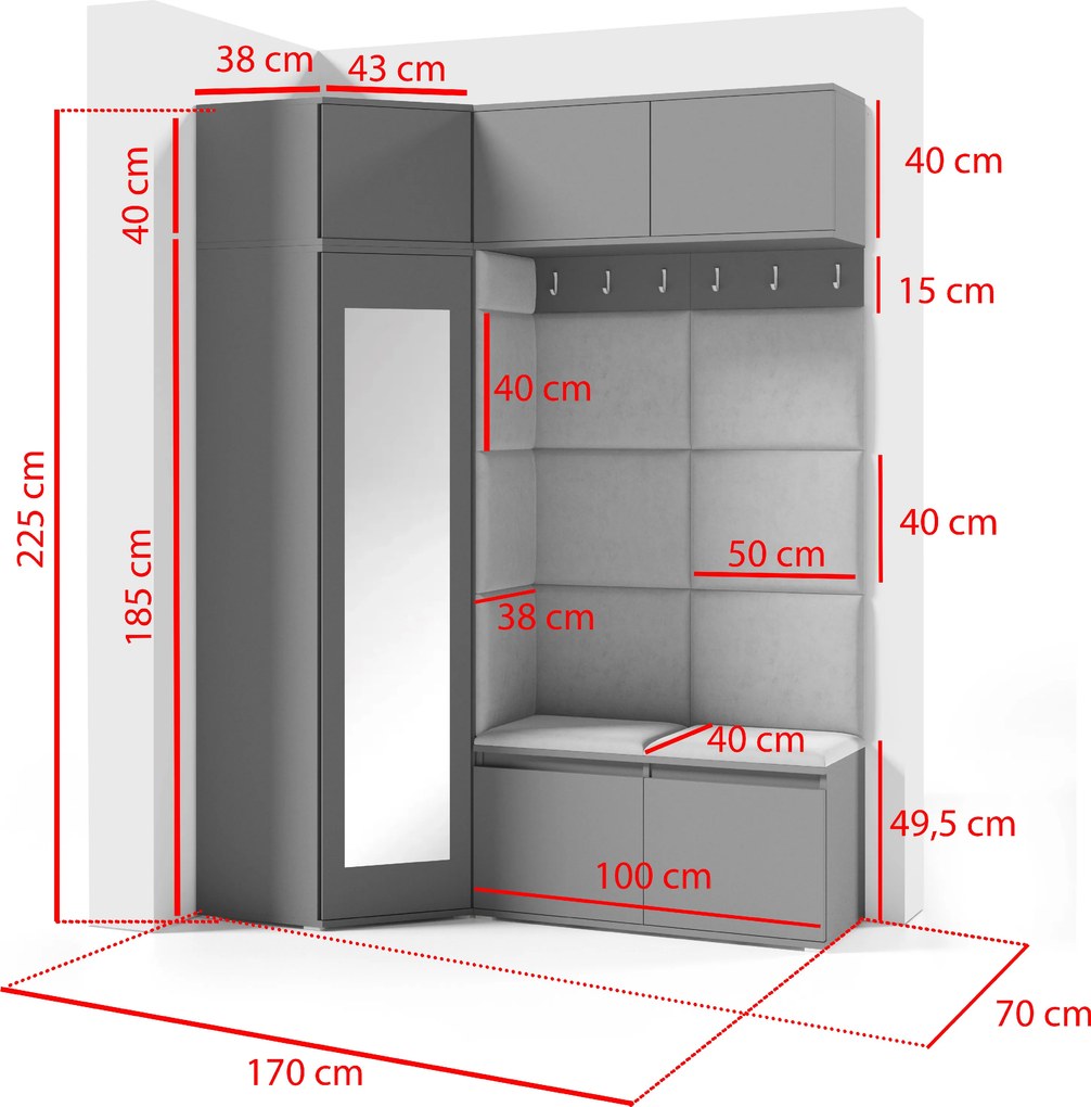 Eka Předsíňová stěna s čalouněnými panely Trinity 38 - Bílá / Hnědá 2307