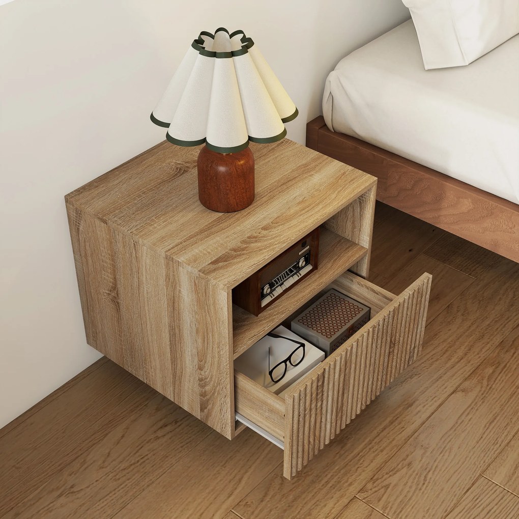 HOMCOM Noční stolek, design bez úchytek, otevřená přihrádka, zásuvka, montáž na zeď, světle hnědá