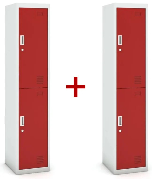 Šatní skříňka S3 dvoudveřová 1+1 ZDARMA, demont, cylindrický zámek, šedá/červená