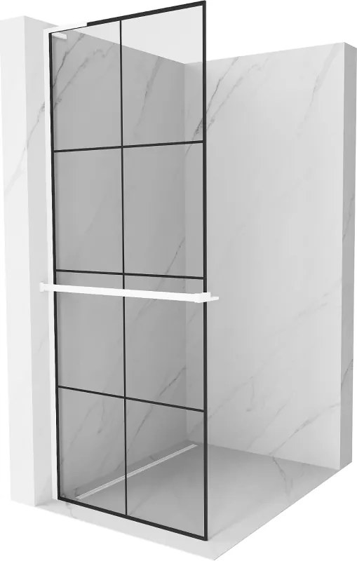 Mexen Kioto+ L, sprchová zástěna Walk-In s poličkou a věšákem 70 x 200 cm, 8mm čiré sklo černý vzor, ​​bílý profil, 800-070-123-20-77