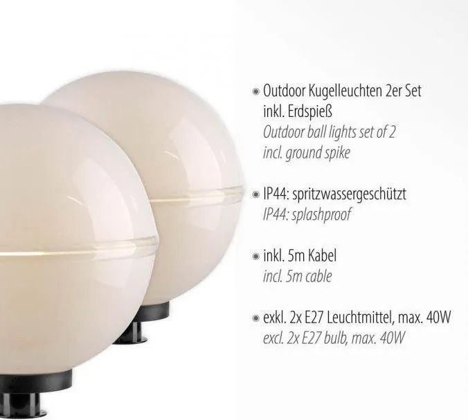 LD 19324-16-2 koule 2ks sada 40x40x71cm bílé s kabelem a zápichem pro venkovní použití - JUST LIGHT