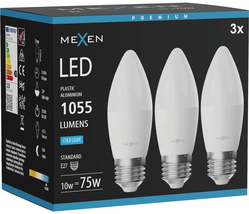 Mexen Nova 3x LED žárovka E27, C37, 10W, Studená - 6500K, 1055 lm - L102-E27-1065-01x03