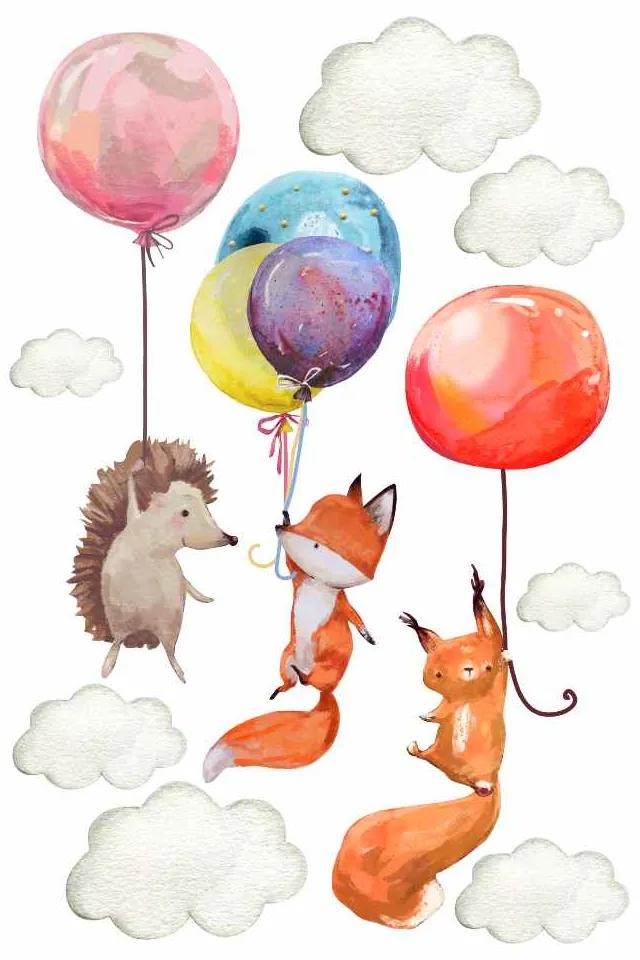 Gario Dětská nálepka na zeď Zvířátka s balony, liška, ježek a veverka