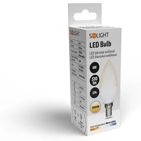 SOLIGHT LED žárovka svíčka matná C37 6W, E14, 3000K, 510lm