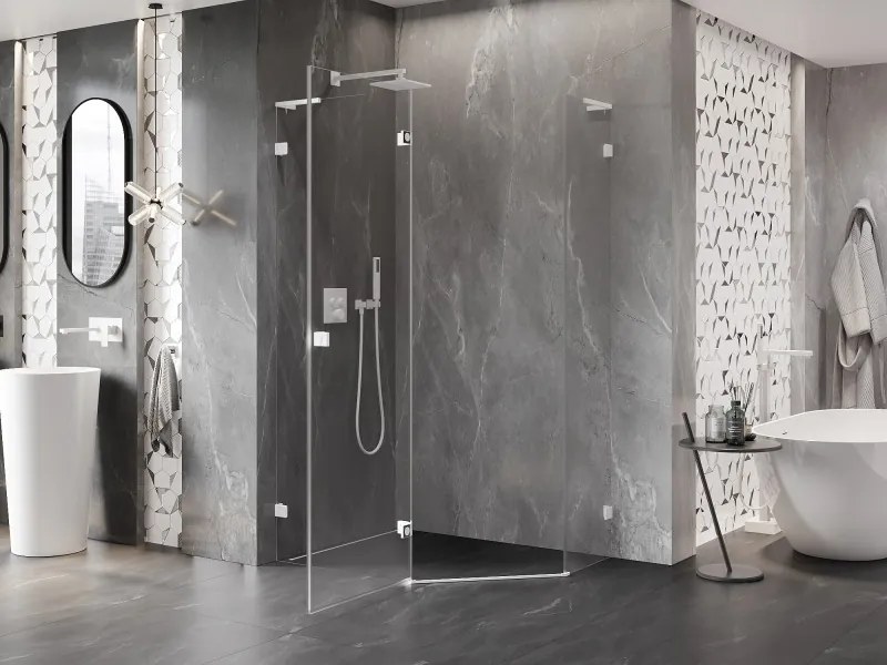 Mexen Lunar, L pětiúhelníkový sprchový kout naklápěcí doleva 90 x 80 cm, 8mm čiré sklo, bílý profil, 831L-090L-080P-20-00-L