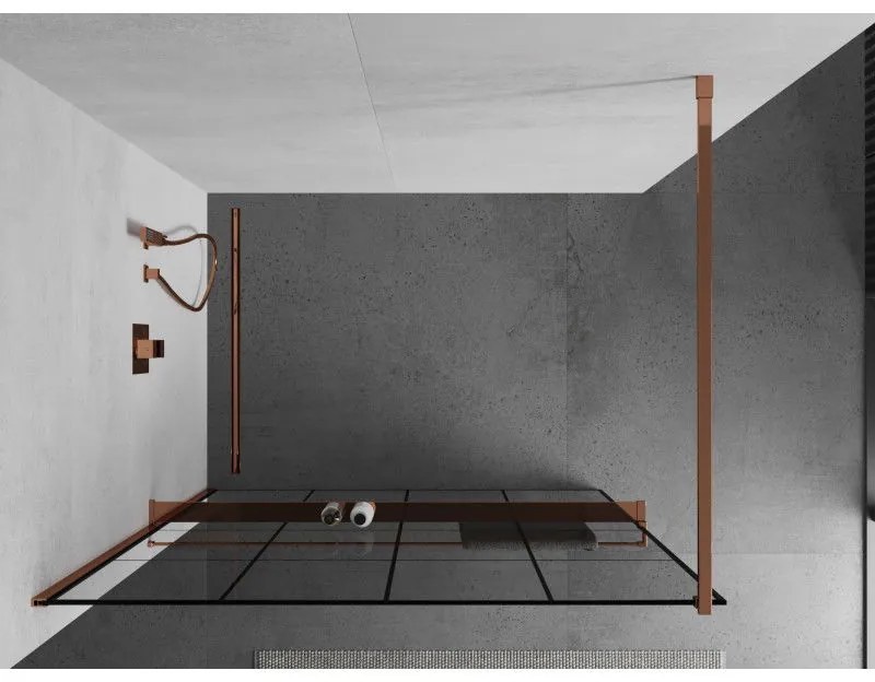 Mexen Kioto+, sprchová zástěna s poličkou a držákem na ručníky 130 x 200 cm, 8mm čiré sklo vzor černý, profil růžové zlato, 800-130-121-60-7