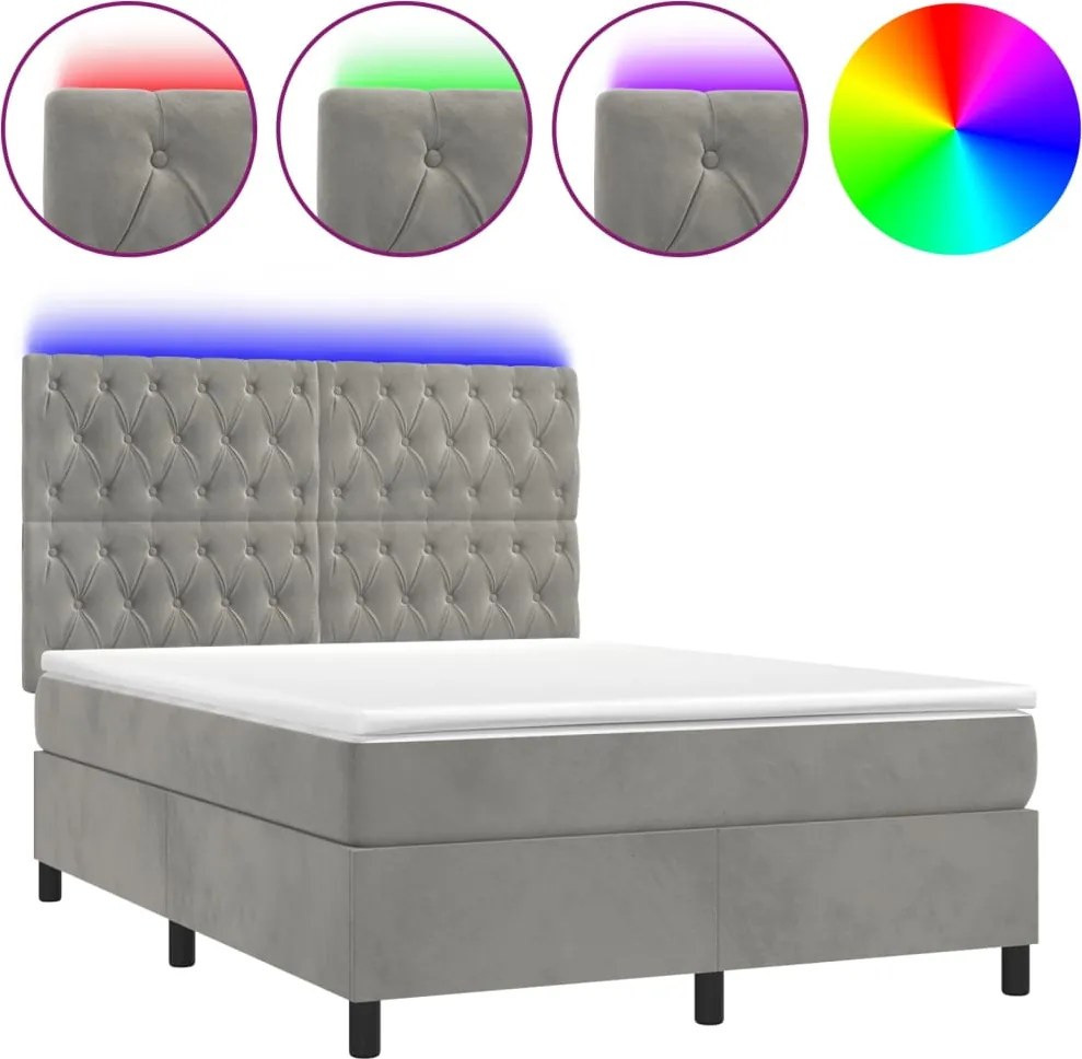 Box spring postel s matrací a LED světle šedá 140x190 cm samet 3136299