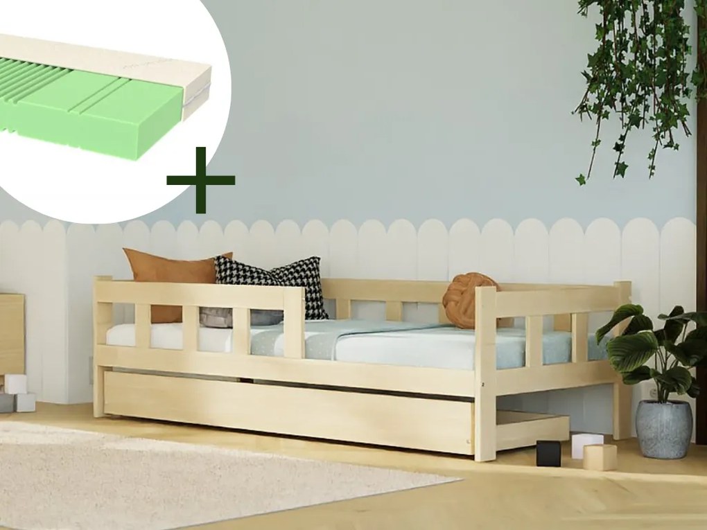 Benlemi Jednolůžko FENCE 4v1 90x200 cm se zábranou a úložným šuplíkem + matrace ADAPTIC Zvolte barvu: Petrolejová, Zvolte zábranu: S jednou zábranou vlevo