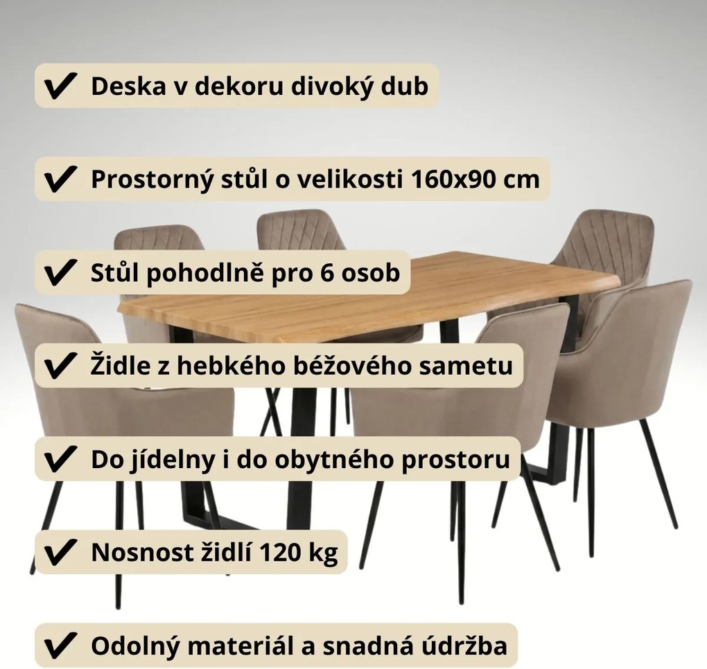 Vikio Jídelní set pro 6 osob 160x90 cm dub noha U béžová židle s područkami VJS166-6CA