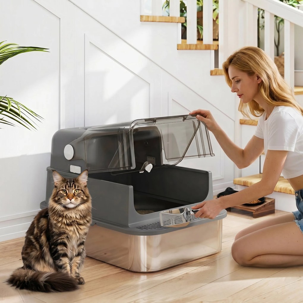 PawHut XXL nerezová krytá toaleta pro velké kočky — sklápěcí kryt, vysoké boky, vrchní vstup, lopatka, odolná vůči zápachu, snadné čištění, černá