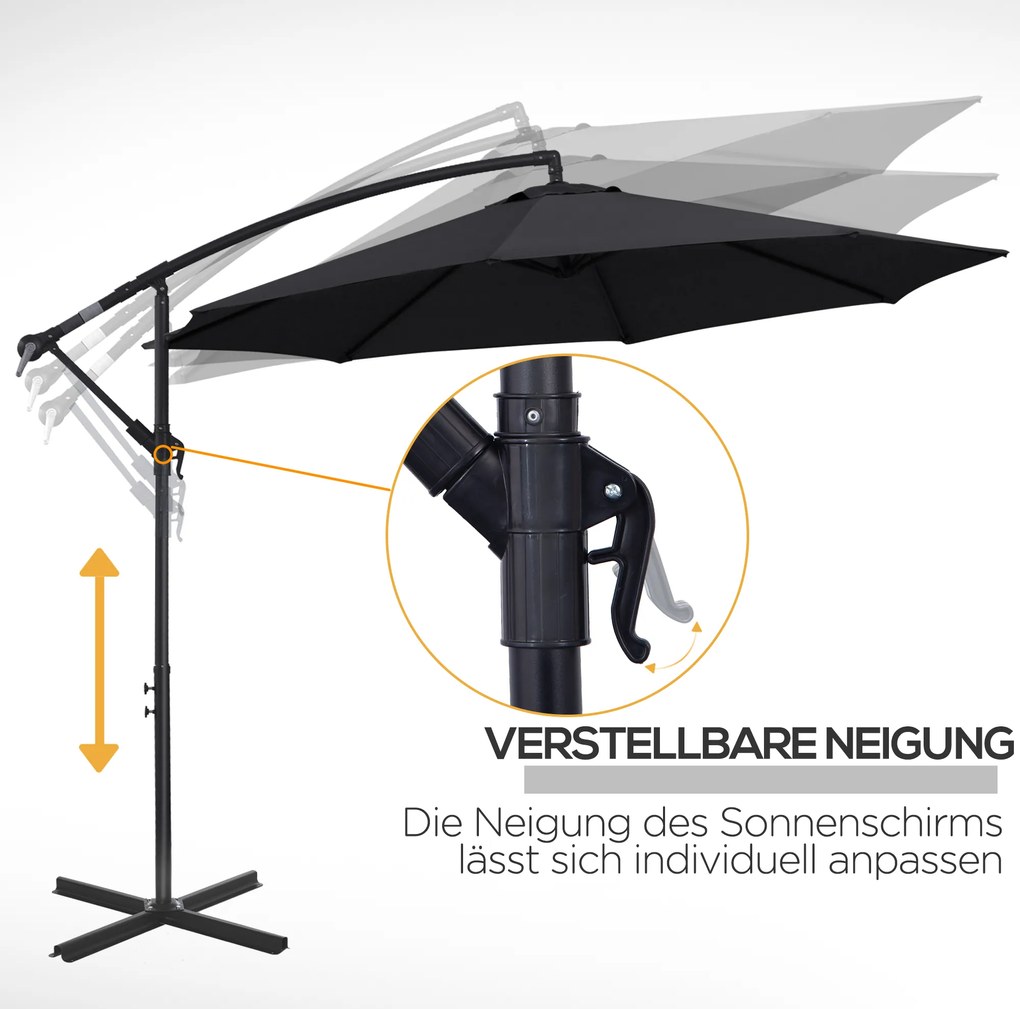 Konzolový slunečník Outsunny s kličkou, ocelový rám a polyesterová tkanina, černý, Ø3x2,5 m| Aosom
