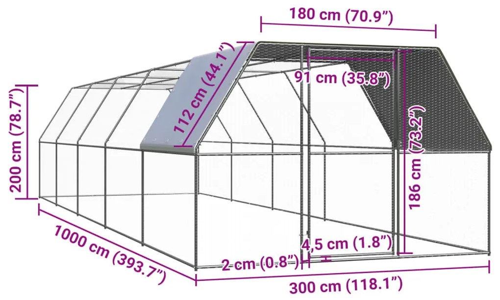 vidaXL Marketos Venkovní klec pro kuřata 3 x 10 x 2 m pozinkovaná ocel
