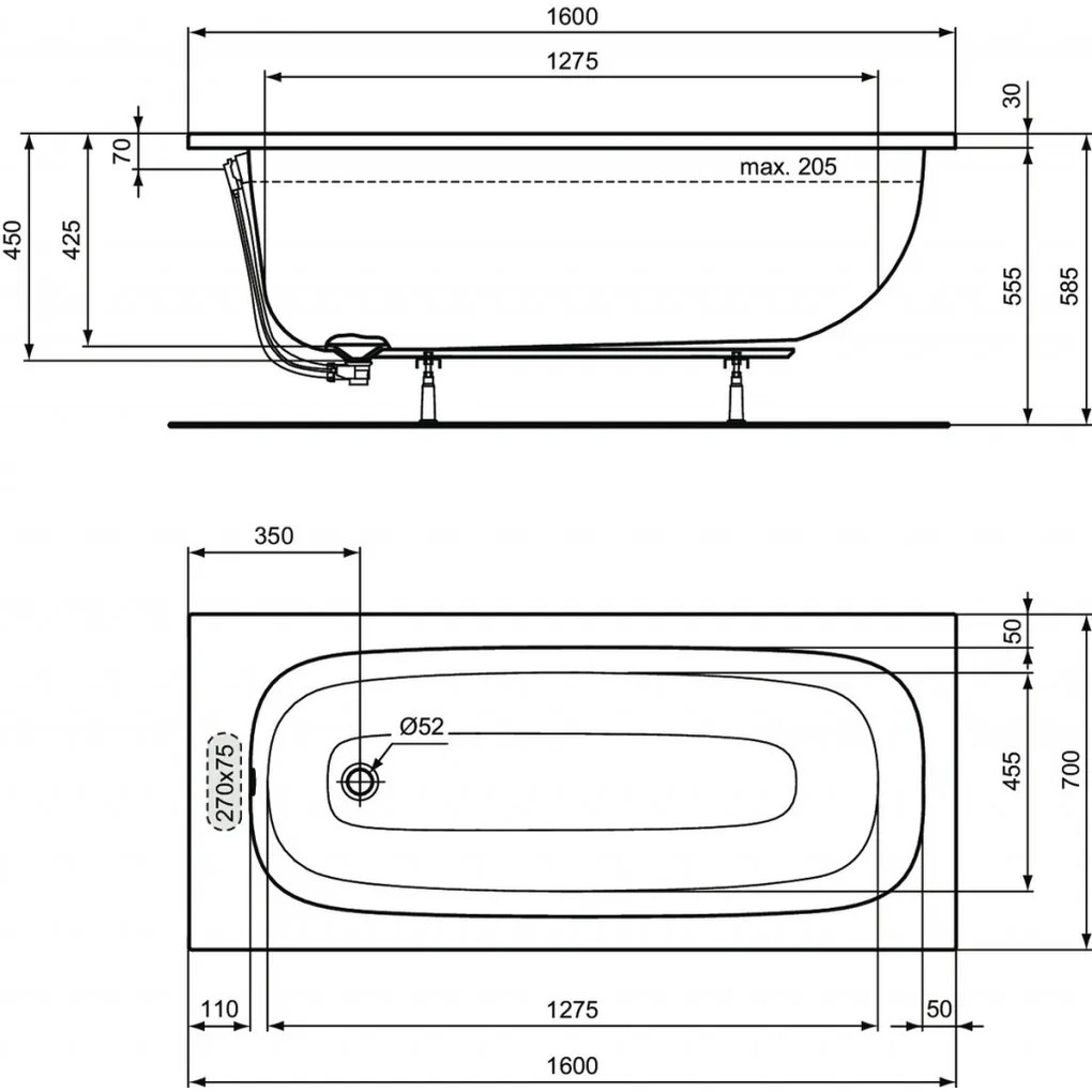 Ideal Standard i.life - Obdélníková vana 160x70 cm, bílá T475801