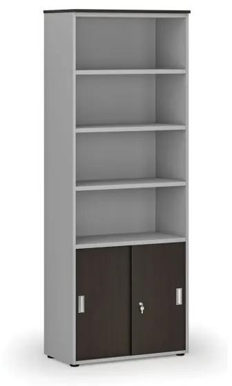 Kombinovaná kancelářská skříň PRIMO GRAY, zasouvací dveře na 2 patra, 2128 x 800 x 420 mm, šedá/wenge
