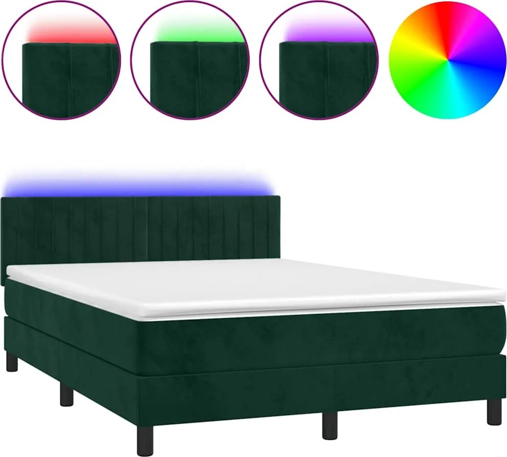 Box spring postel s matrací a LED tmavě zelená 140x190 cm samet 3134522