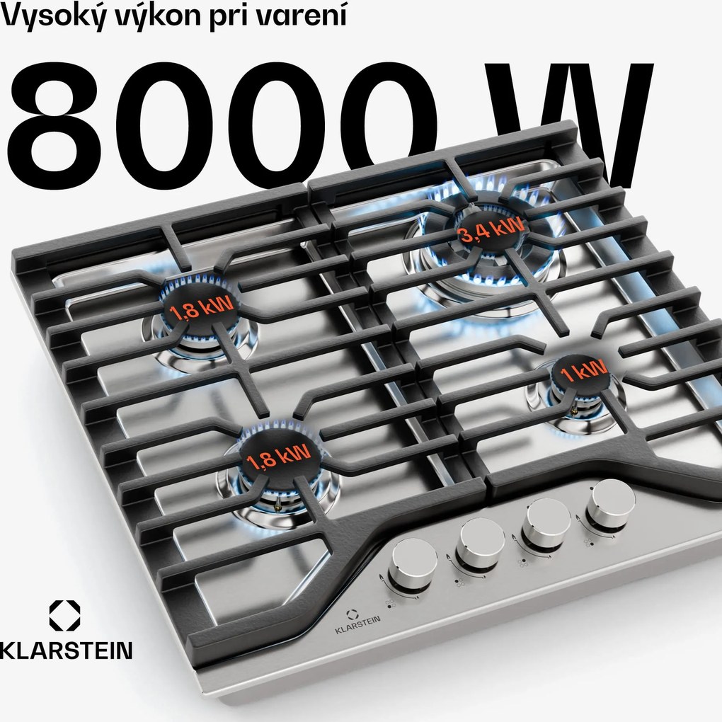 Klarstein Turbocast plynová varná deska | nerez 304 | 4 hořáky | profesionální litinové držáky | Wok hořák
