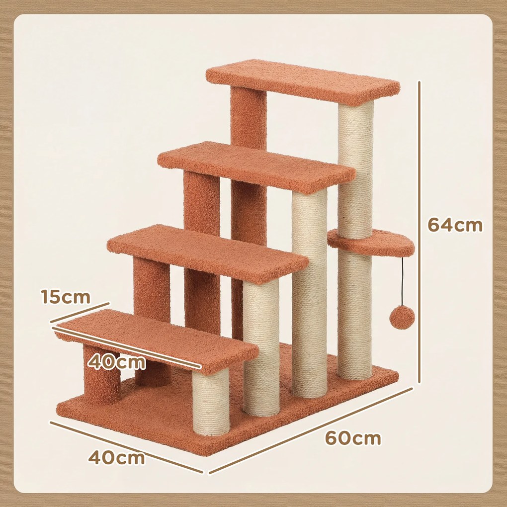 PawHut 4stupňové schody pro kočky se škrabadlem pro domácí mazlíčky do 5 kg, schody pro psy s míčkem na hraní, plyš, hnědá, 60 x 40 x 64 cm