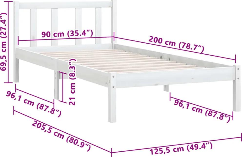 vidaXL Rám postele masivní borové dřevo 90 x 200 cm [810068] Barva: Bílá