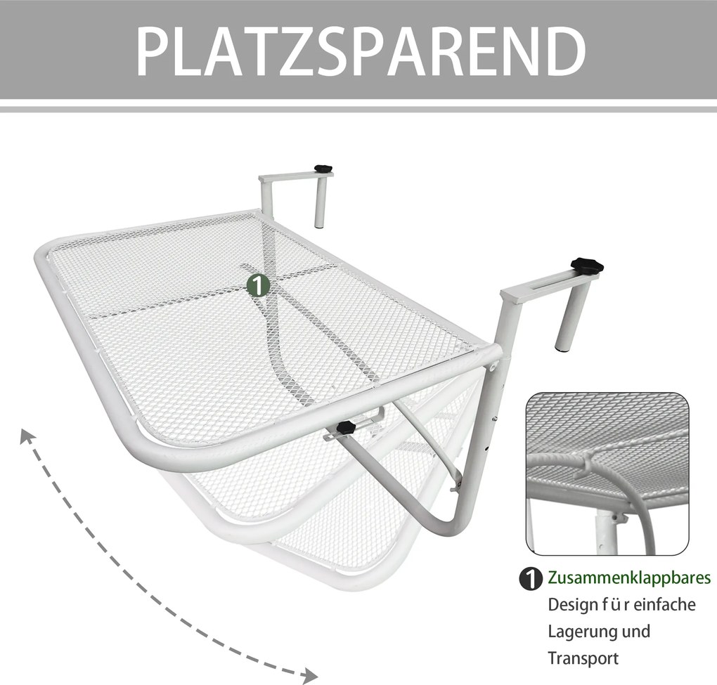 Outsunny balkonový závěsný stůl výškově nastavitelný čtvercový zahradní stůl kovový bílý 60x56,5x45cm pro terasu a zahradu | Aosom.de