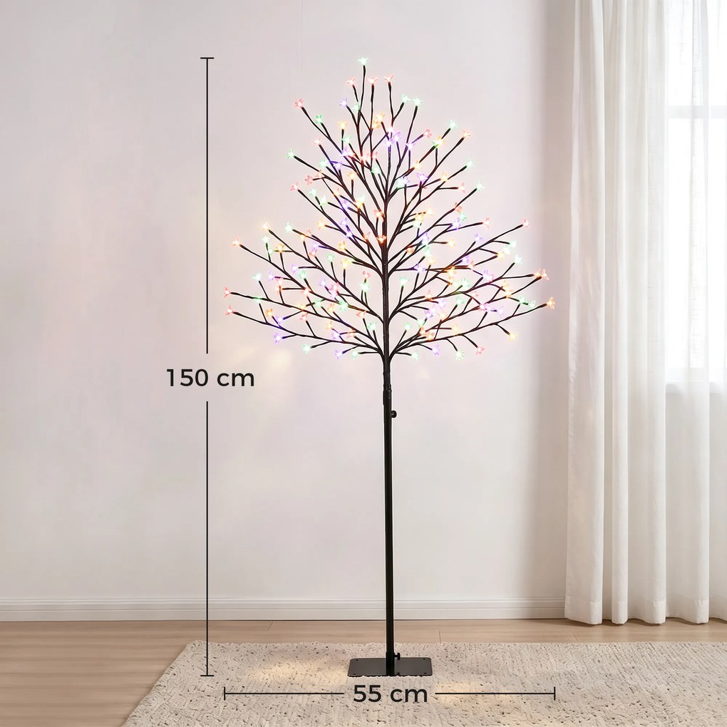 HOMCOM LED třešňový strom 150 cm s 160 LED diodami, umělý svítící stromek s 20 ohebnými větvemi, vánoční dekorace