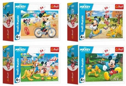 Minipuzzle 54 dílků Mickey Mouse Disney/ Den s přáteli 4 druhy v krabičce 9x6,5x4cm 40ks v boxu