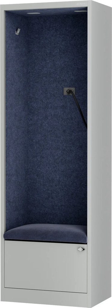 Kancelářská akustická kabina se sedátkem a USB-C portem, korpus šedý / sedák námořnická modrá, 600 mm: SALLY MentalBox