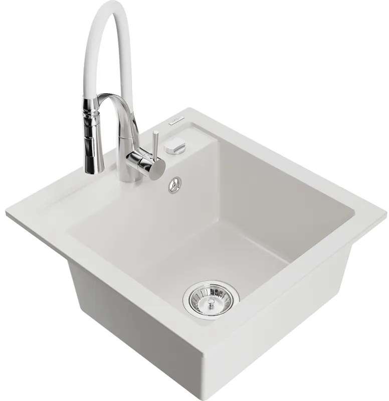 Mexen Vito granitový dřez 1-komorový s kuchyňskou baterií Aster, bílý - 6503-20-73450-02