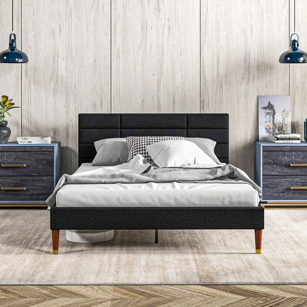 HOMCOM Manželská postel 140 x 200 cm, postel pro 2 osoby - Výška 17 cm, lamelový rošt a čalouněné čelo - Dřevo a textil, černá | Aosom