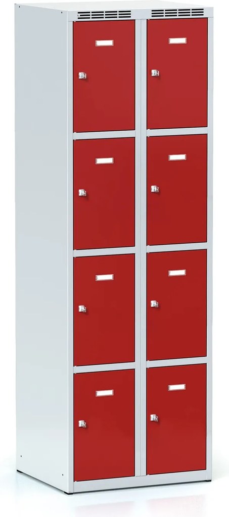 Šatní skříňka S6 s úložnými boxy, 8 boxů, 1800 x 600 x 500 mm, otočný zámek, červené dveře