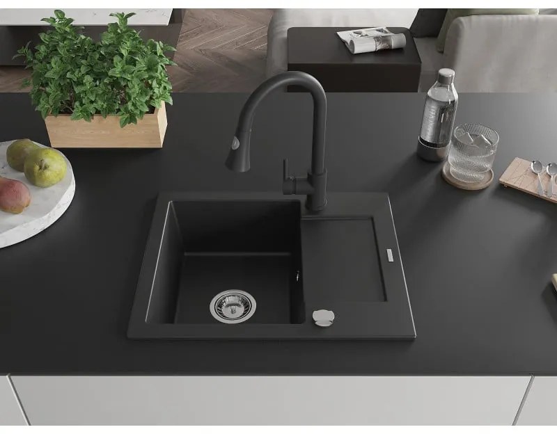 Mexen Enzo, 1-komorový granitový dřez 576x465x174 mm a dřezová baterie Elia, černá, 65066506-77-670101-70