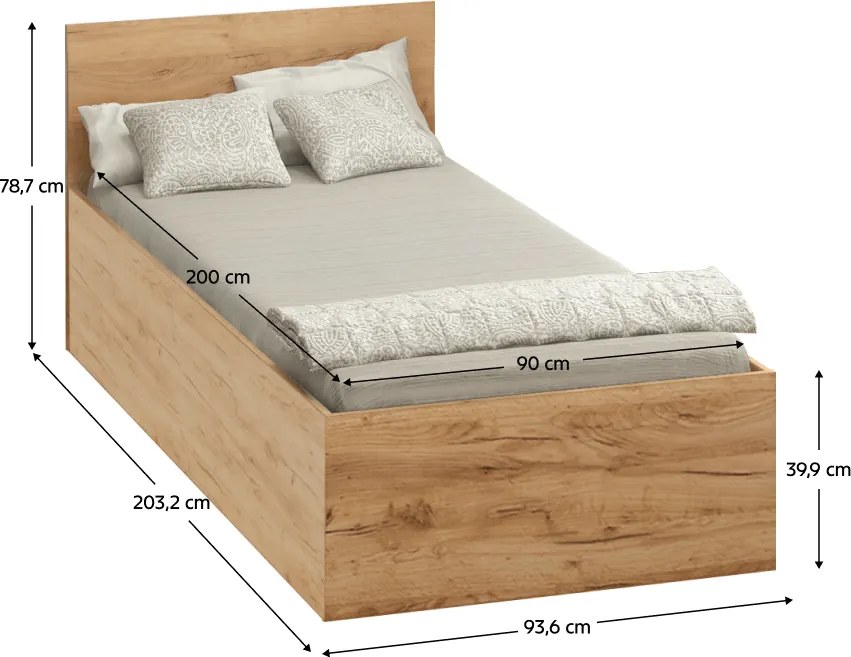 Postel s kovovým roštem a úložným prostorem, 90x200, dub craft zlatý, DOLI