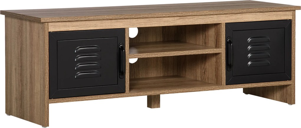 HOMCOM 43" Televizní Stojan v Průmyslovém Designu s 2 Skříňkami, 2 Nikami, 2 Otvory na Kabely, Dřevěným Povrchem a Černými Kovovými Dveřmi