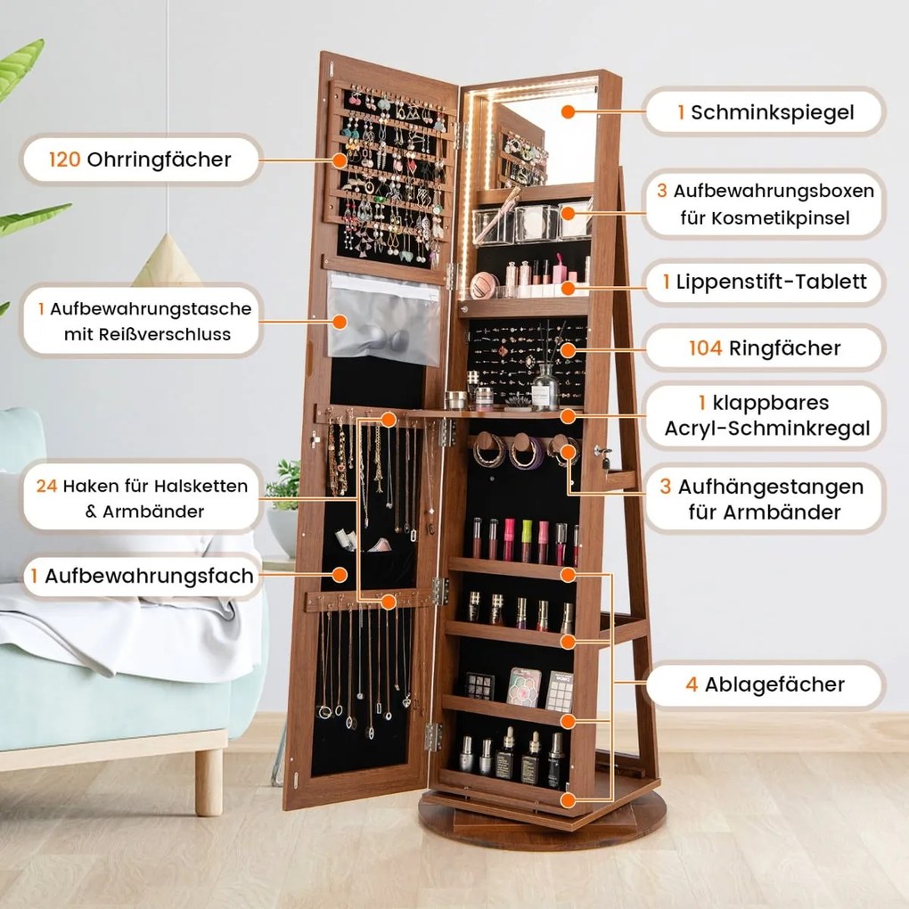 Costway Otočná skříňka na šperky o 360° s tříbarevnými LED světly Volně – dřevo