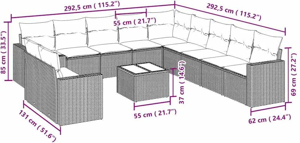 12dílná zahradní sedací souprava podušky světle šedá polyratan 3219192