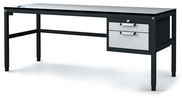 Antistatický dílenský ESD stůl, 2 zásuvkový box na nářadí, 1800x800x745-985 mm