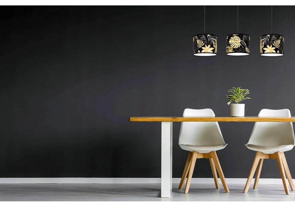 Závěsné svítidlo Gold Flowers, 3x černé textilní stínítko s květinovým vzorem